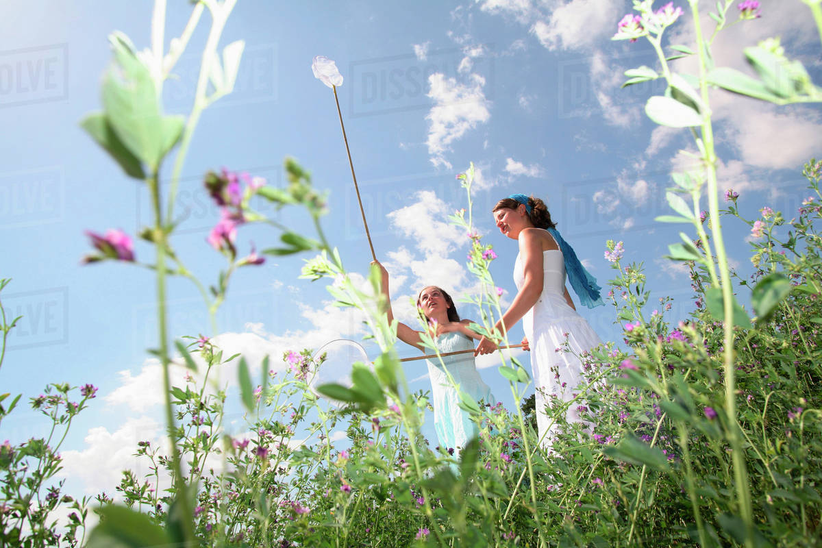 Two young women catching butterflies - Stock Photo - Dissolve