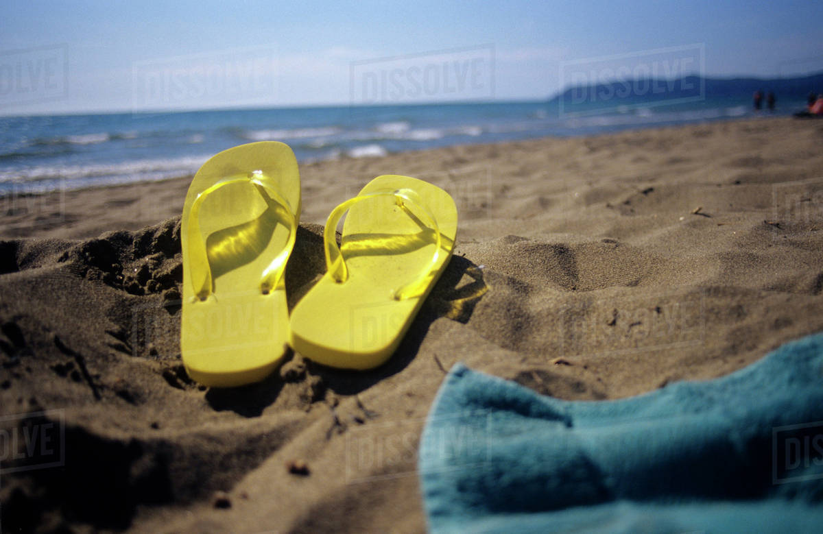 Flip flops on sand at beach - Stock Photo - Dissolve