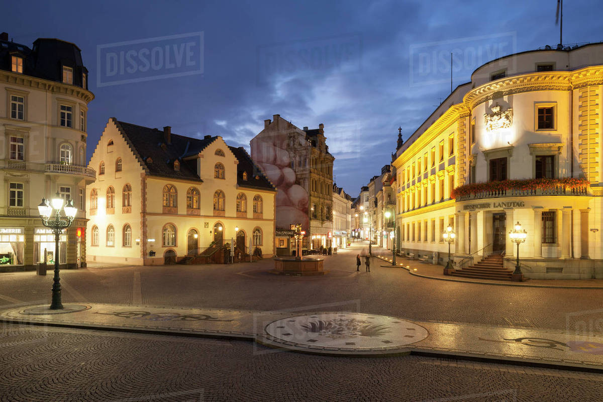 Germany, Hesse, Wiesbaden, Fountain, Hessian Landtag and old town hall ...