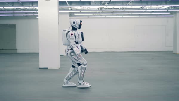 White droid, futuristic robot walking. Futuristic humanoid robot. - 4K ...