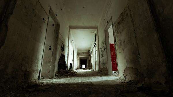 A long creepy destroyed hallway of an old building - Stock Video ...