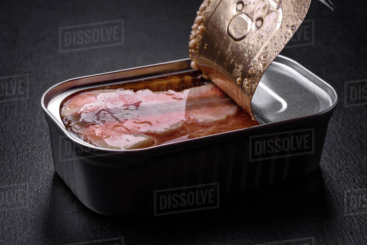 Tin or aluminum rectangular can of canned salmon with a key on a dark ...