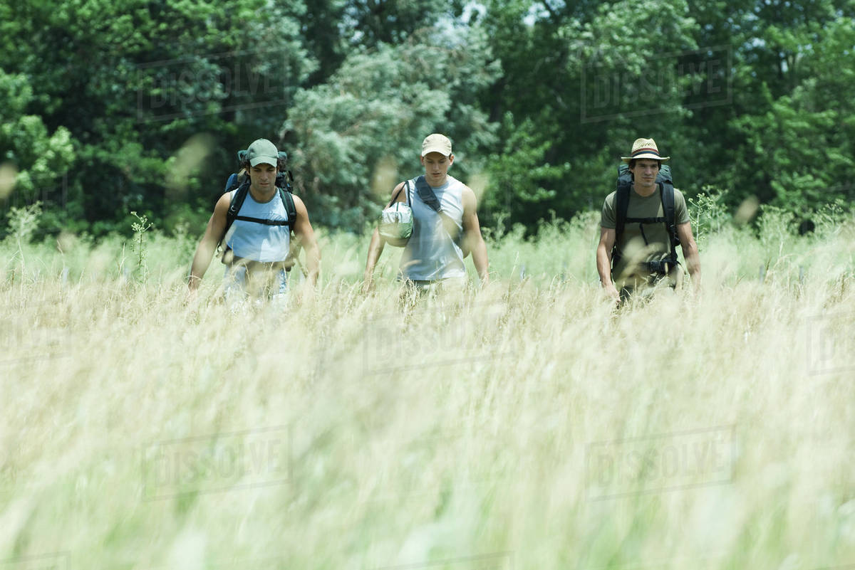 Hikers walking through field - Royalty-free Stock Photo | Dissolve