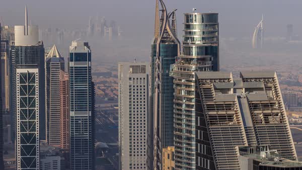Downtown skyline with modern architecture form above timelapse. Aerial ...