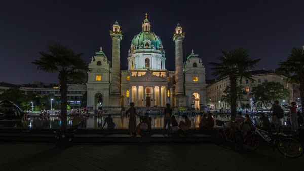 Karlskirche on the Karlsplatz square night timelapse hyperlapse in ...