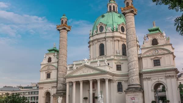 Karlskirche on the Karlsplatz square timelapse in Vienna, Austria ...
