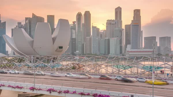 Aerial view of sunset over Helix Bridge and Bayfront Avenue with ...