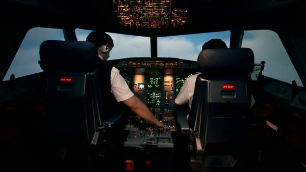 Pilot and co-pilot inside aircraft cockpit flying plane - Stock Video ...