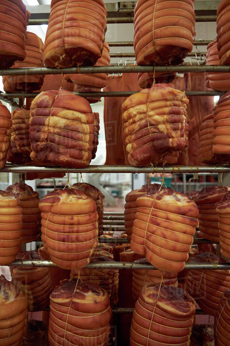 Prepared joints of meat hanging in butchers cold store - Royalty-free ...