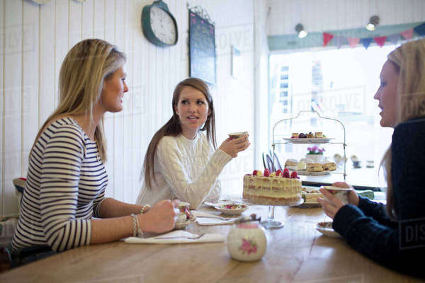 Group of young female friends meeting in tea shop - Stock Photo - Dissolve