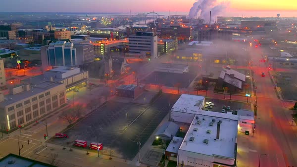 Downtown Green Bay Wisconsin at misty morning twilight, aerial flyover ...