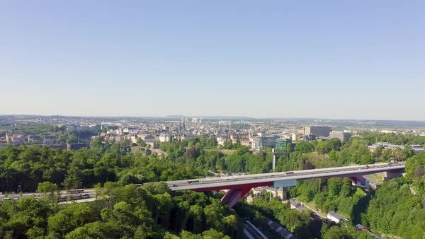 Luxembourg, Historical city center in the morning. Pont Rouge, Aerial ...