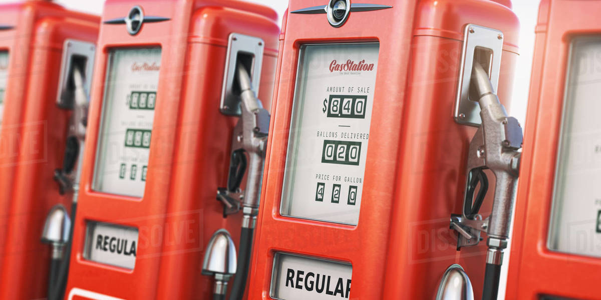 Row of vintage fuel pumps on gas pump station. 3d illustration ...