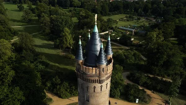 Drone shot of Flatow Tower at Babelsberg Park, Potsdam, Brandenburg ...