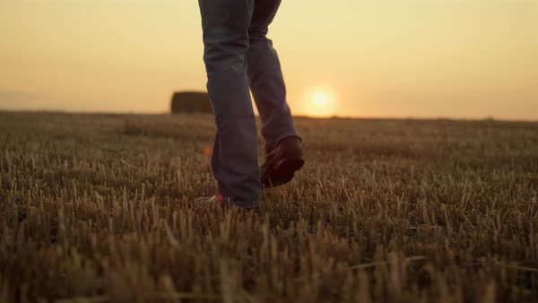 Farmer boots walk field with haystack at golden sunset closeup. - 4K ...