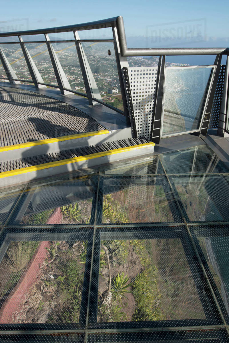 An aerial view of Funchal in Madeira, Portugal from a glass platform ...