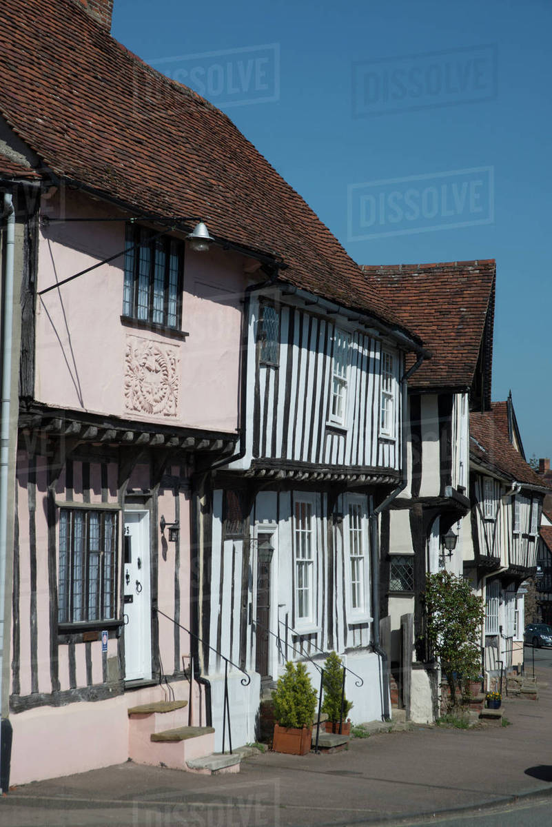 A diagonal view of fifteenth century buildings in Suffolk - Stock Photo ...
