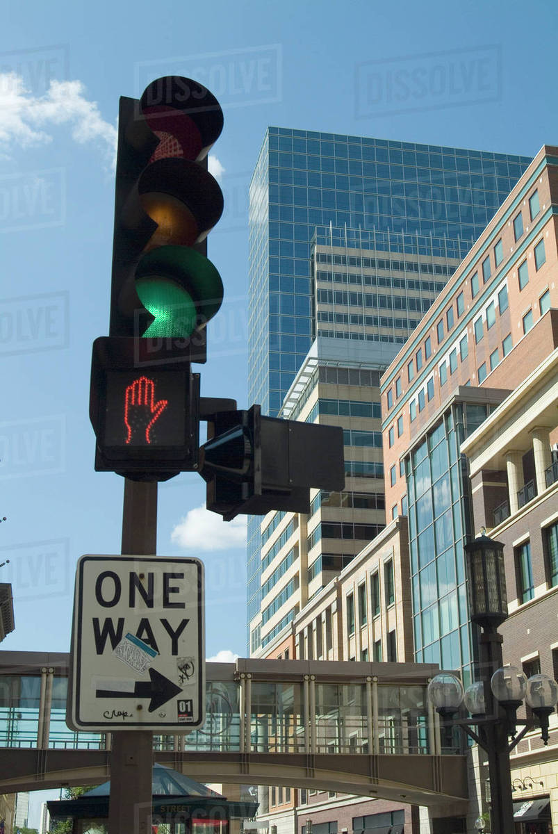 US traffic lights and a one way sign - Royalty-free Stock Photo | Dissolve