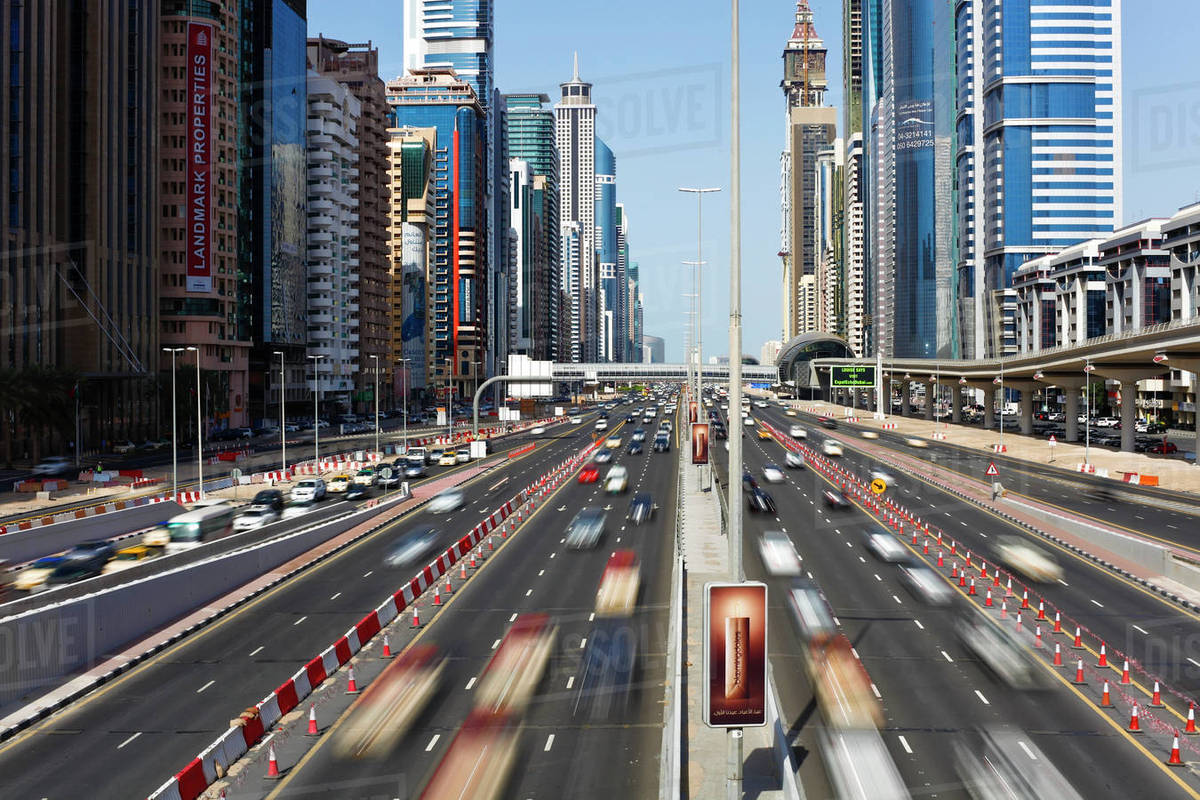 Sheikh Zayed Rd, traffic and new high rise buildings along Dubai's main ...