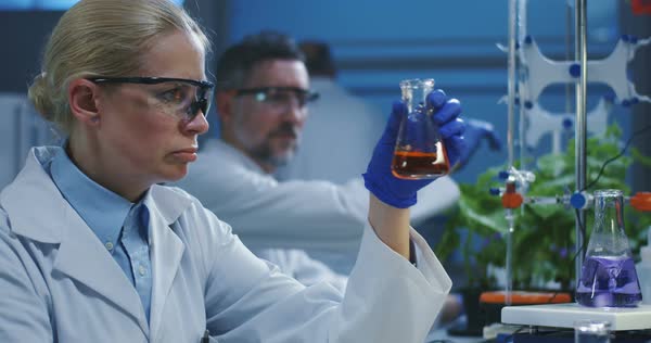 Medium close-up of a female scientist measuring temperature of liquid ...