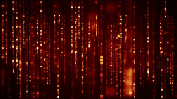 Flying columns of orange HEX digital symbols. Futuristic big data ...