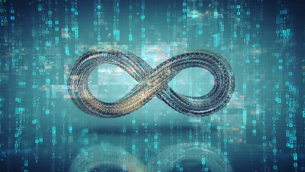 Infinity symbol and digital data are glitching. Futuristic technology ...