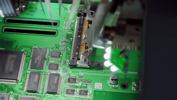 Factory Machine at Work: Printed Circuit Board Being Assembled with ...