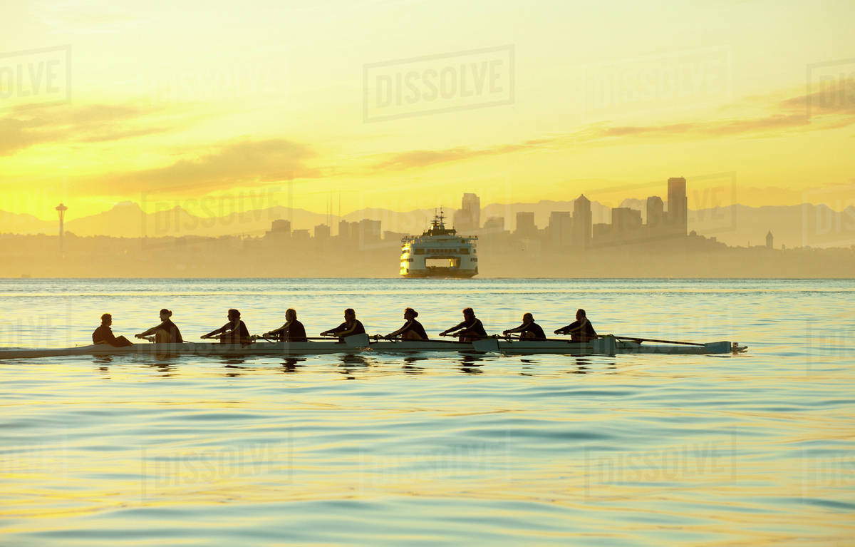 Team rowing boat in bay - Stock Photo - Dissolve