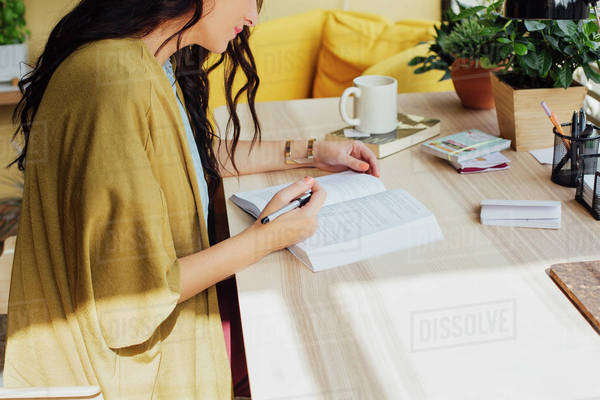 Caucasian woman studying at desk - Stock Photo - Dissolve