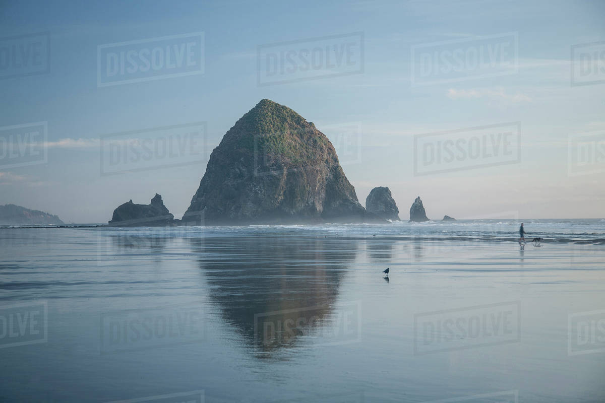 Haystack Rock reflecting in ocean, Cannon Beach, Oregon, United States ...