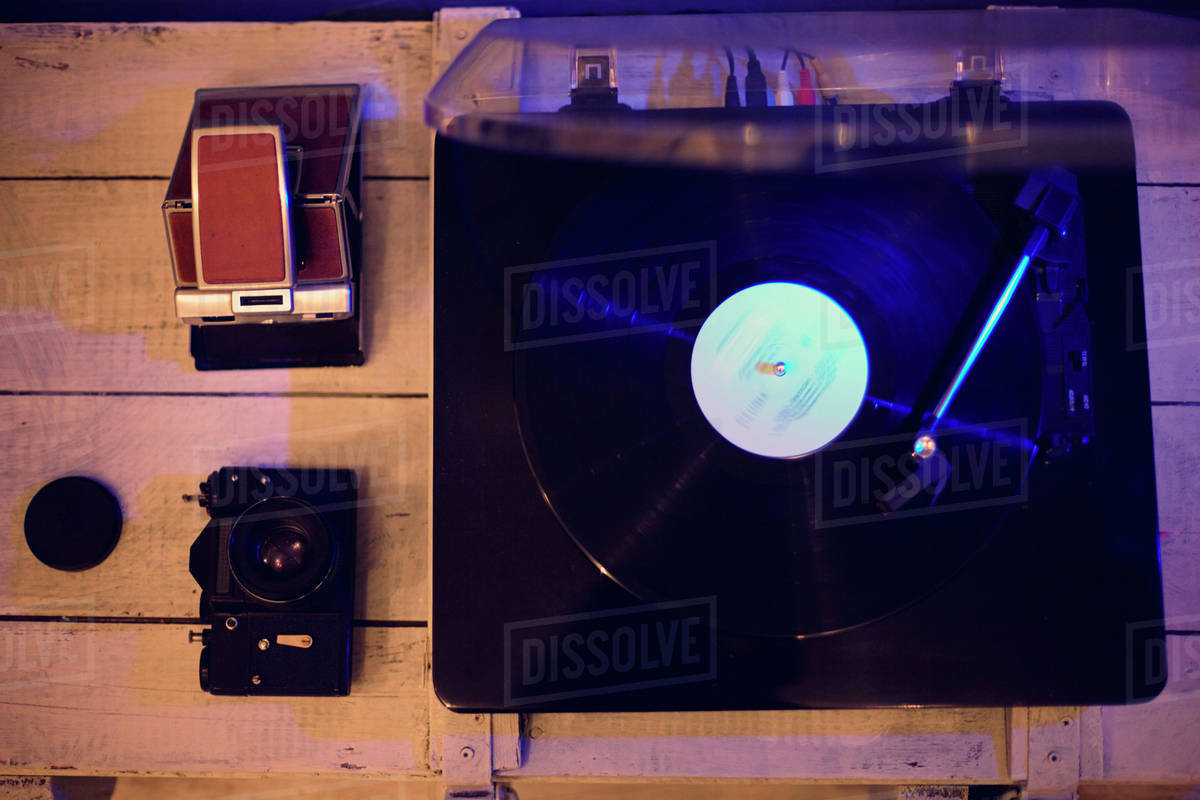 Close up of record player and vintage cameras - Royalty-free Stock ...