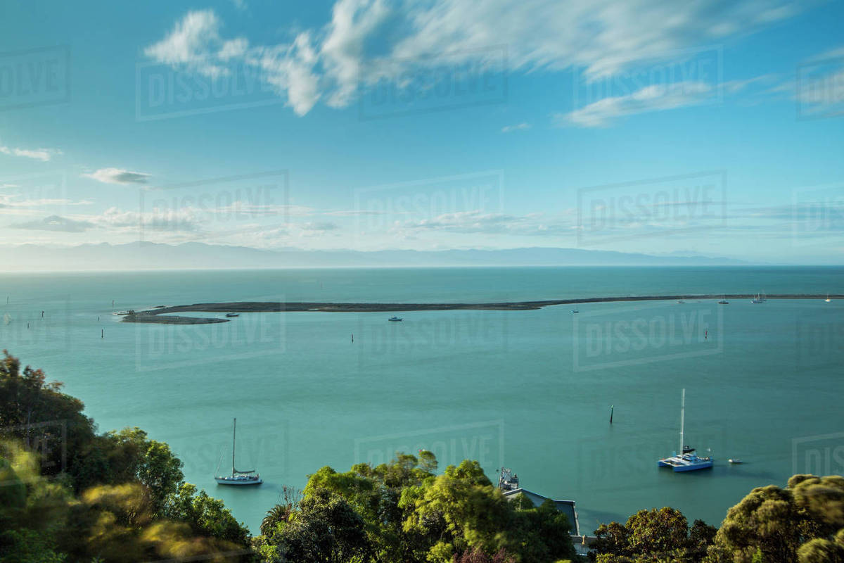 Aerial view of island sandbar and coastline, Nelson, Nelson, New ...
