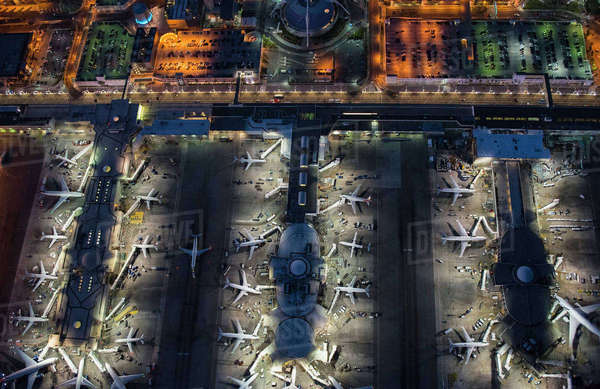 Aerial view of airplanes parked in airport gates - Royalty-free Stock ...