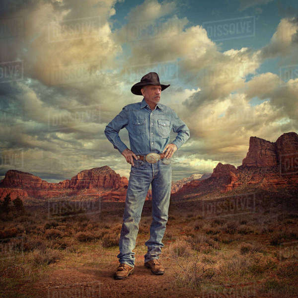 Caucasian cowboy standing with hands on hips in desert landscape ...