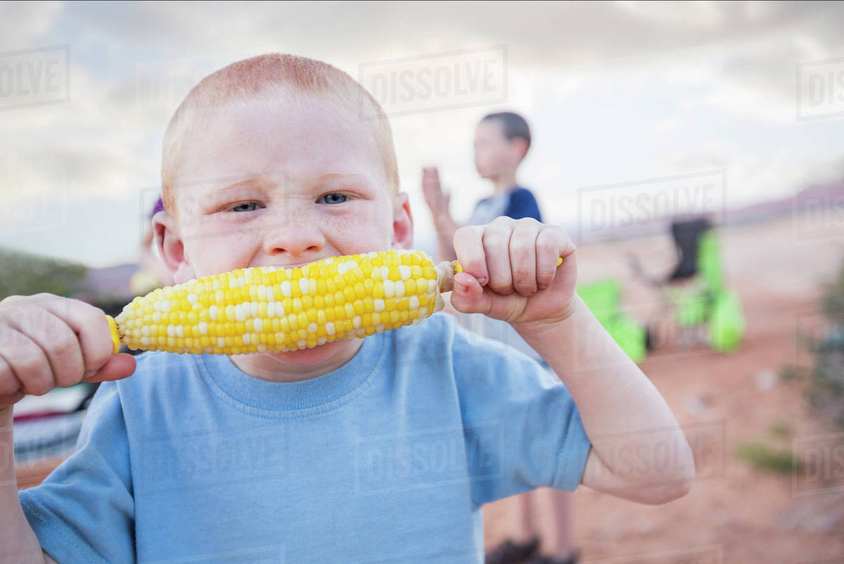 Caucasian boy eating corn on the cob - Stock Photo - Dissolve