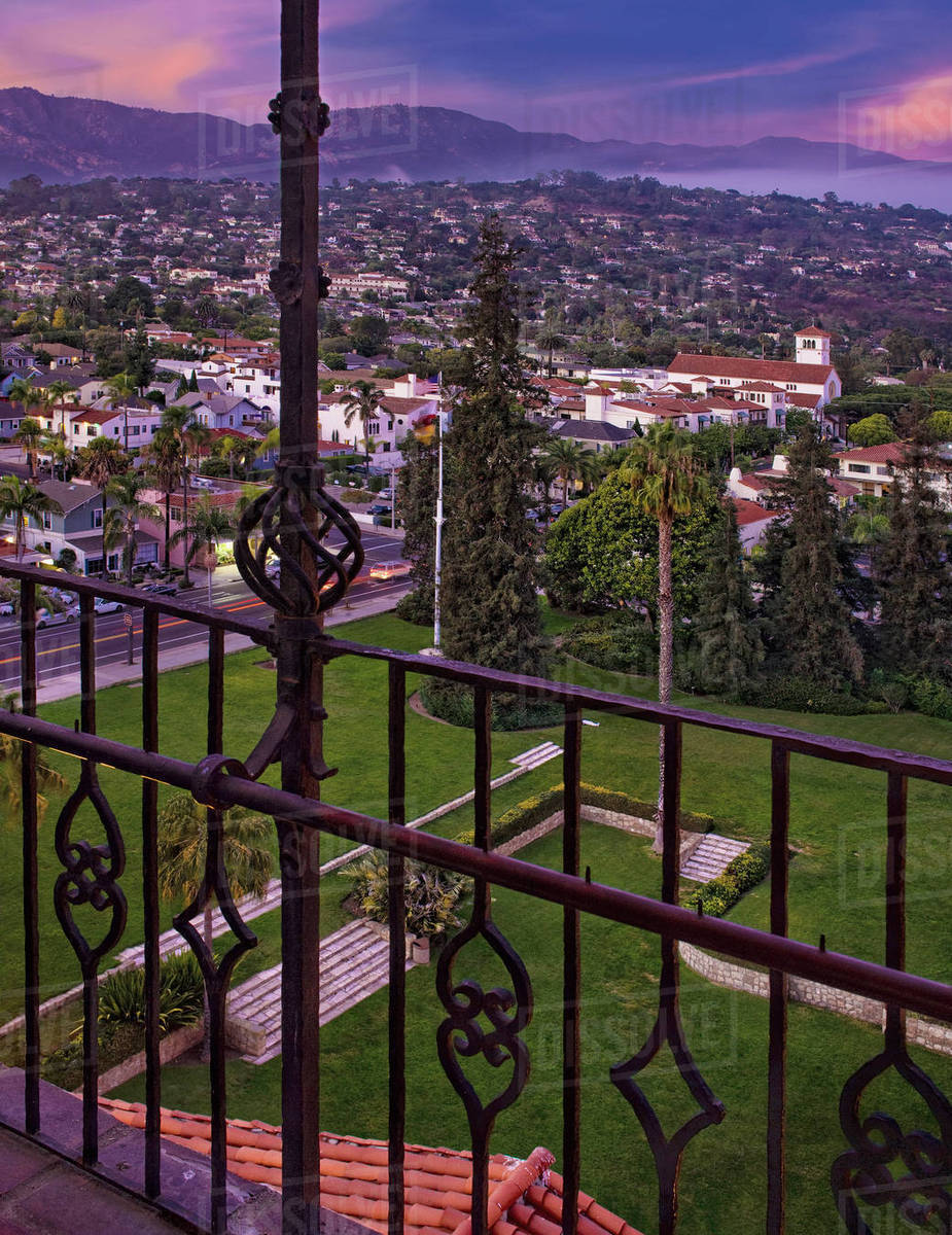 Wrought iron railing along balcony with view of Santa Barbara - Royalty ...