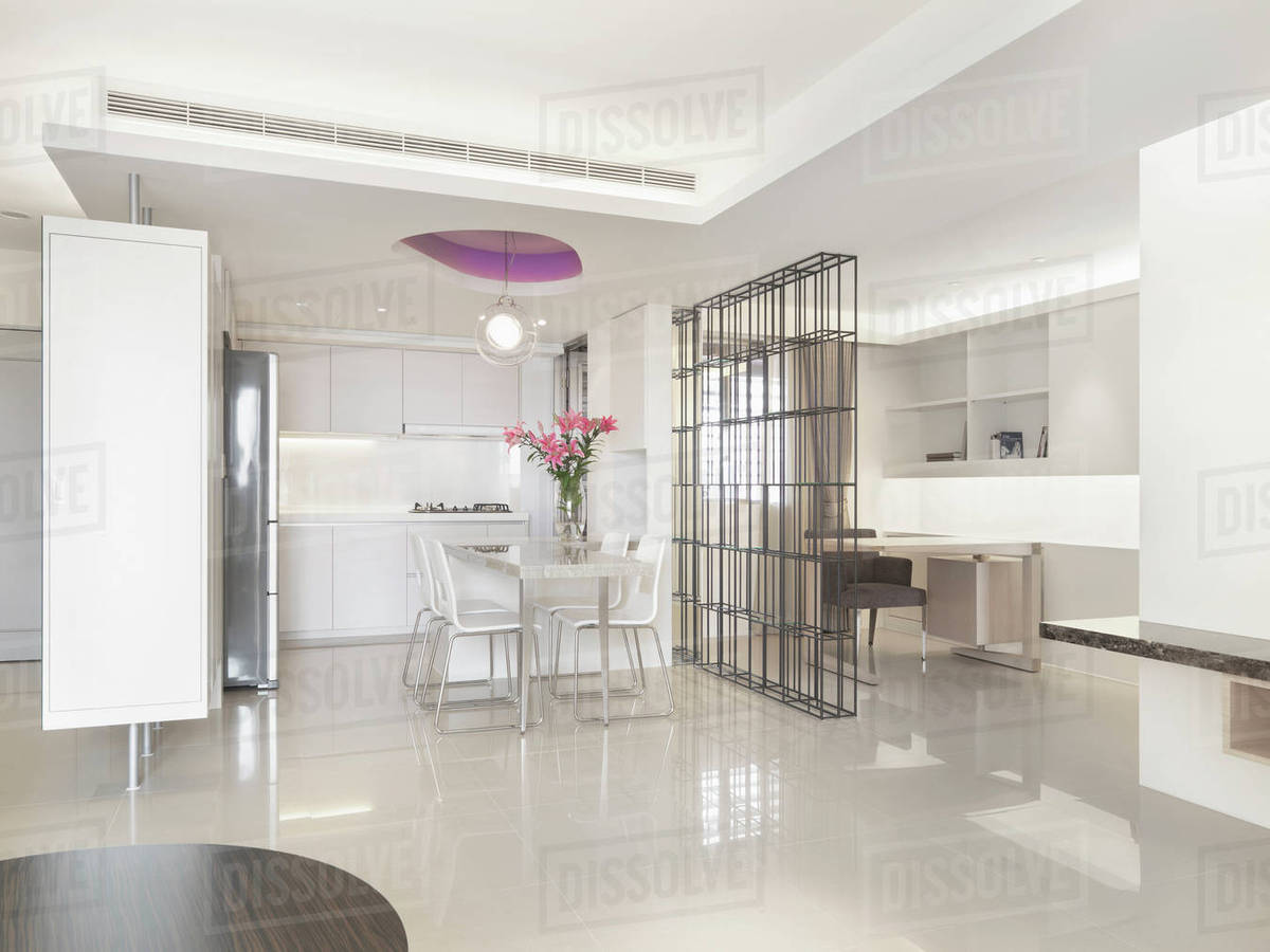 Modern kitchen and office with wire bookcase partition - Royalty-free ...