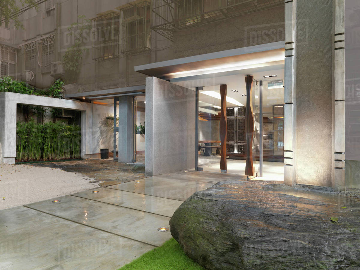 Modern fountain outside entrance to home - Royalty-free Stock Photo ...