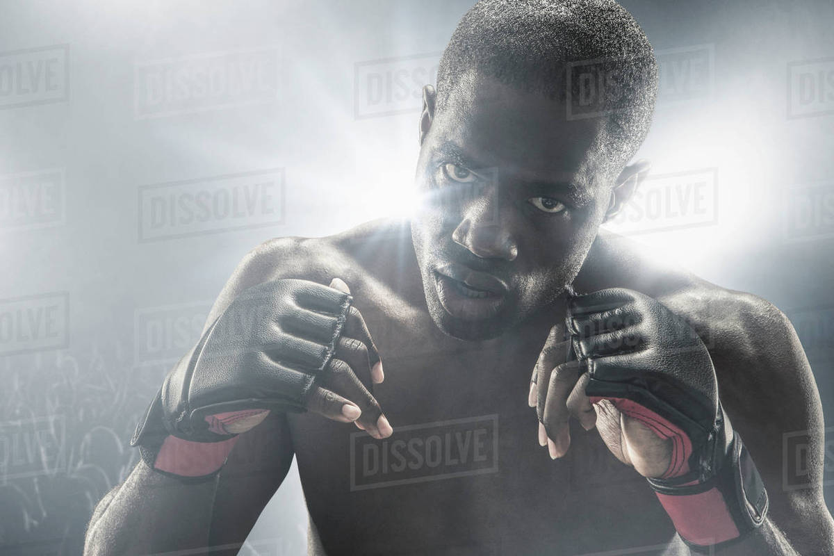 African American MMA boxer with gloves raised - Stock Photo - Dissolve