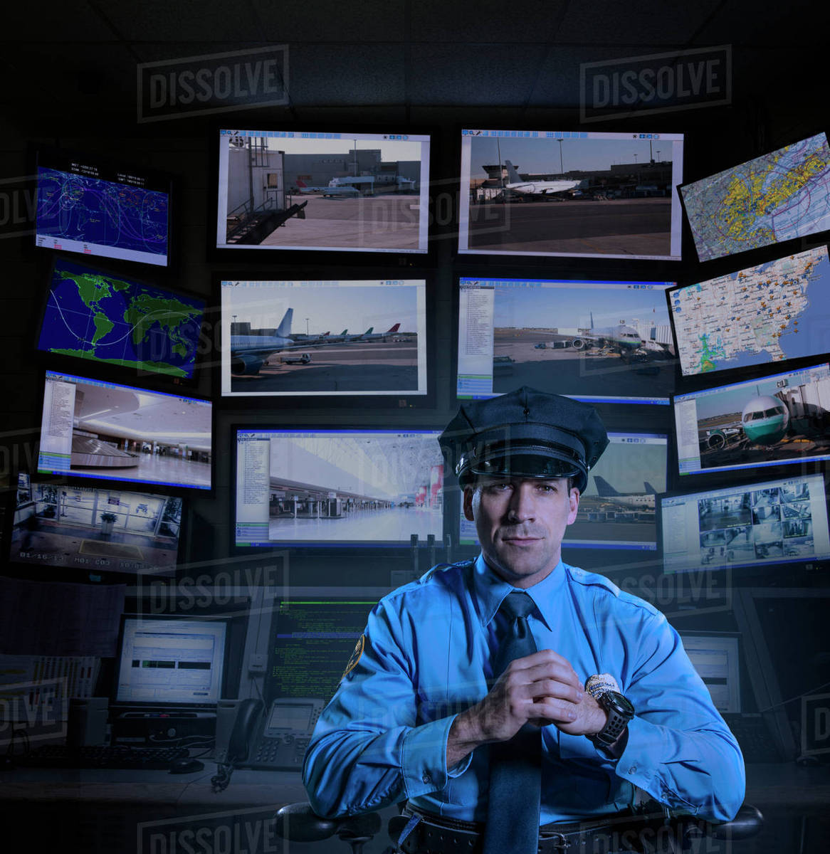 Police officer working in control room - Royalty-free Stock Photo ...
