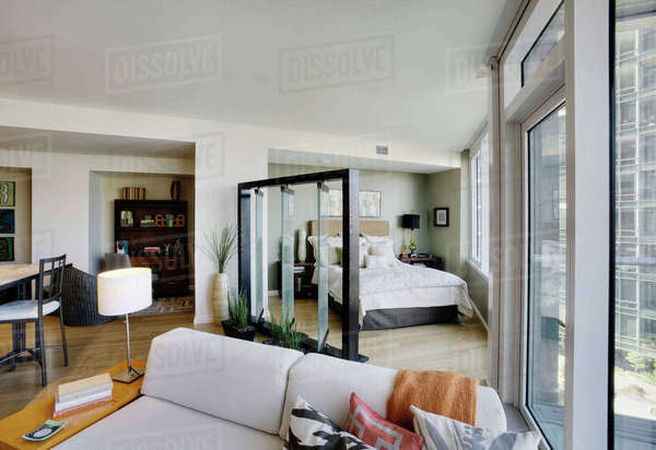 Open floor plan in luxury highrise apartment - Royalty-free Stock Photo ...