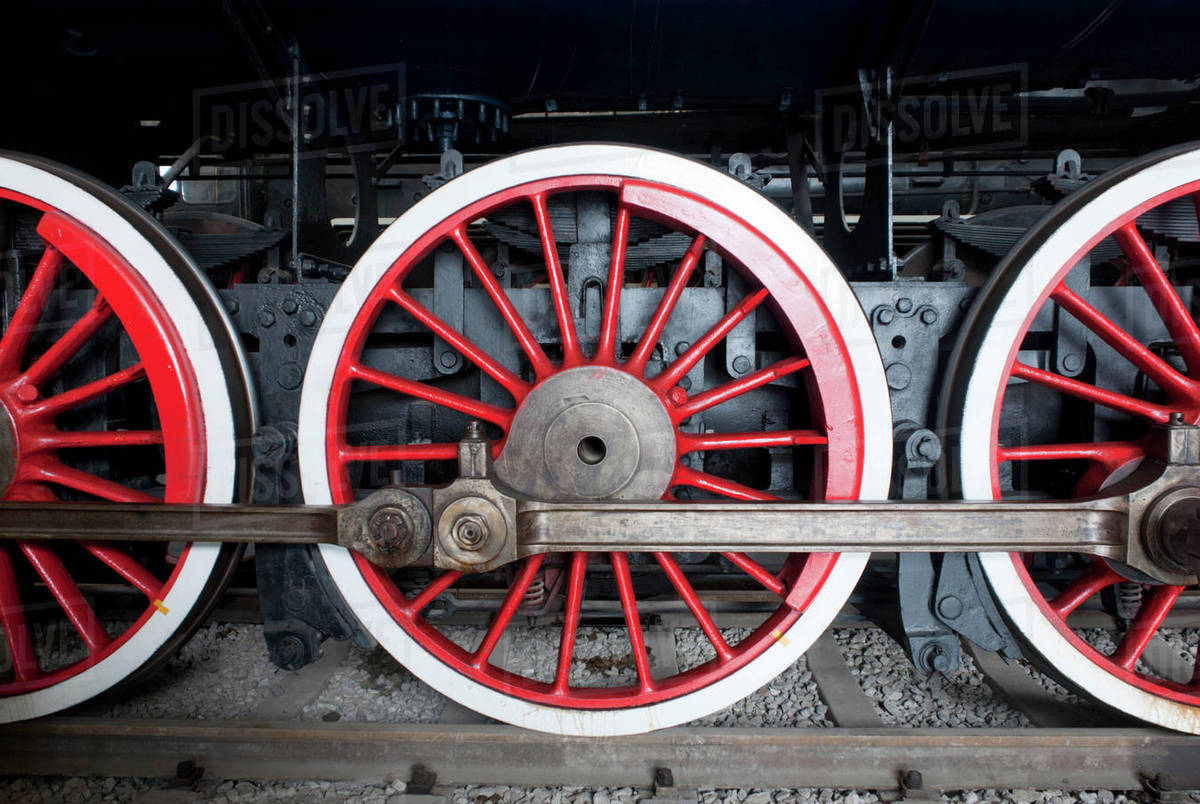 Close up of the rows of steel wheels of a locomotive train - Royalty ...