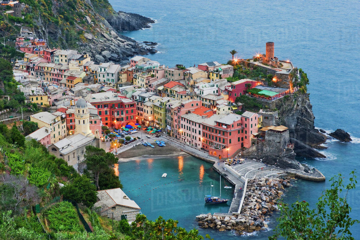 Elevated View of Vernazza at Dusk - Royalty-free Stock Photo | Dissolve