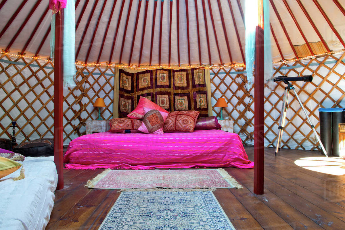 King sized double bed in a luxurious traditional Mongolia yurt ...