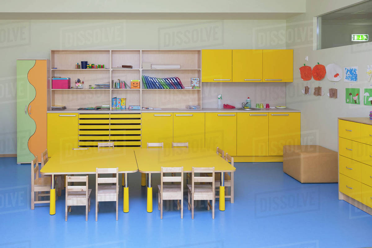 Classroom, activity room with furniture, tables and chairs - Royalty ...