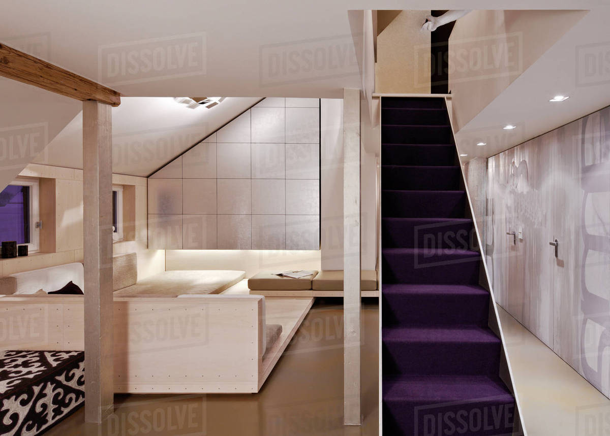 Purple staircase in modern home - Stock Photo - Dissolve