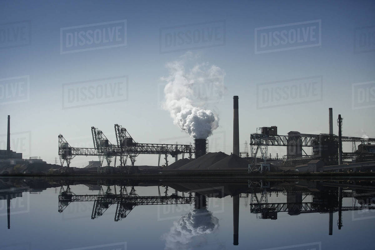 Nuclear power plant reflected in still lake, Detroit, Michigan, United ...