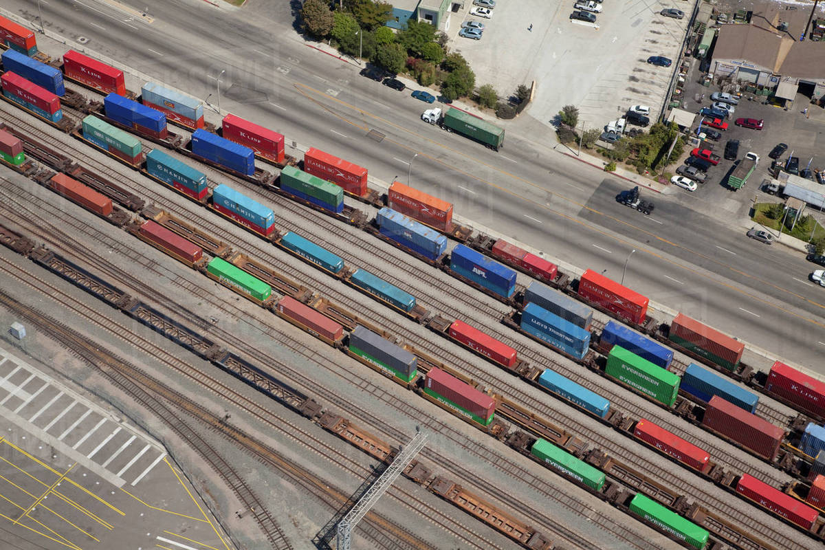 Aerial view of cargo containers on railroad tracks - Royalty-free Stock ...