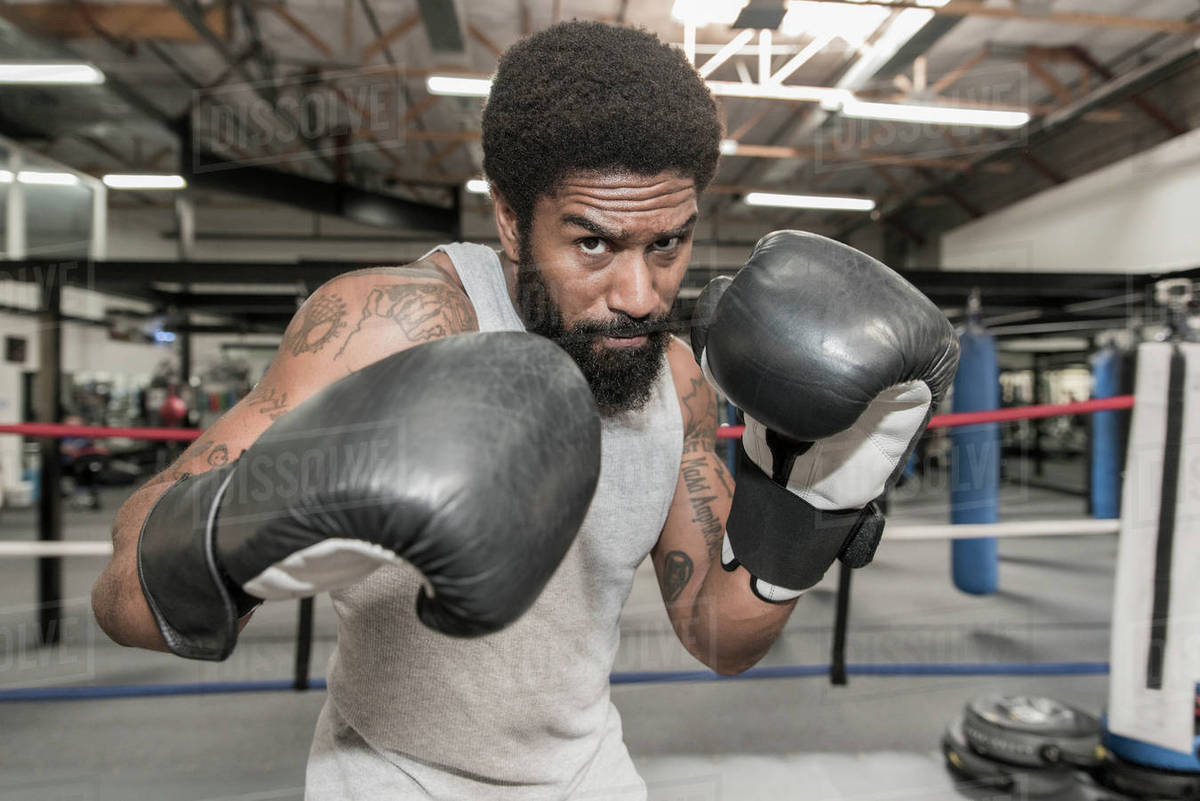 Black man posing in boxing ring - Stock Photo - Dissolve