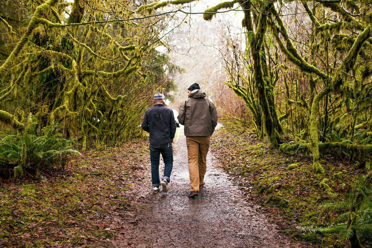 Men walking together in forest - Royalty-free Stock Photo | Dissolve